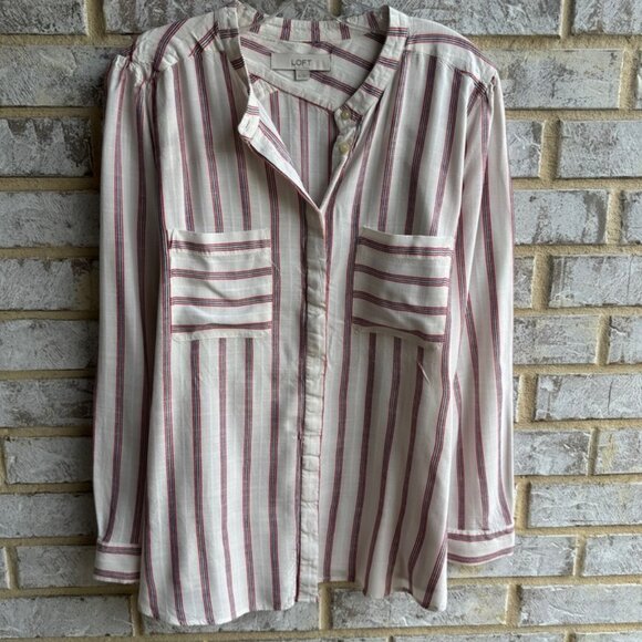 LOFT | Tops | Loft Long Sleeve Boho Pinstripe Collarless Button Down Shirt Womens Size Xl | Poshmark